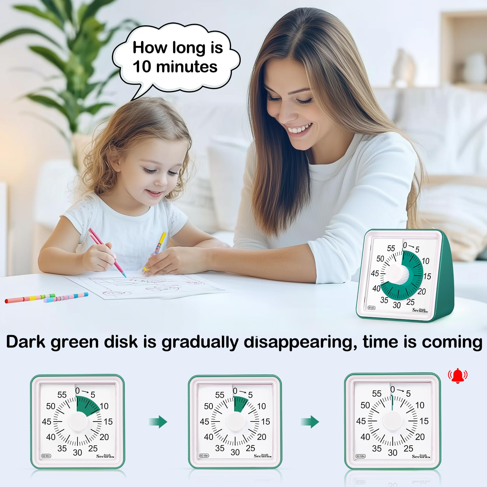 Secura 60 Minute Essential Visual Timer for Kids, Countdown Clock Timer ...